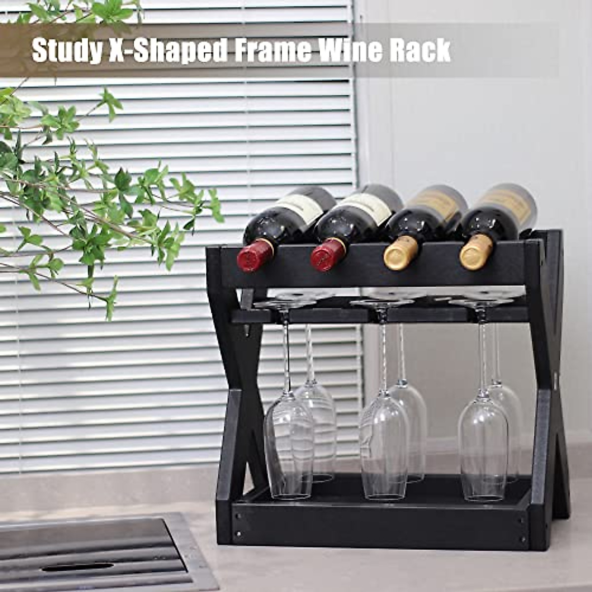 KORVOS Countertop Wine Racks with Glass Holder，4 Bottles Small Wine Rack,High-Density PE Tabletop Wine Bottle Holder for Kitchen, Living Room, Wine Cellar,Bar(Black Color)