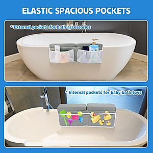 Baby Bath Kneeler and Elbow Rest Pad Set, Super Thick Non-Slip Bathing Kneeling Mat Quick Drying Foldable Knee Pad for Bathing Babies and Toddler Bathing with Toy Organizer Pockets, Gray