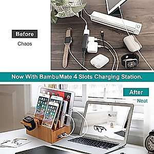 Bamboo Cell Phone Charging Station, Charger Organizer for Multiple Devices Compatible with Cell Phones, Watch, Tablet (with Watch Stand, 5 Port USB Charger, 6 Charger Cables) -BambuMate
