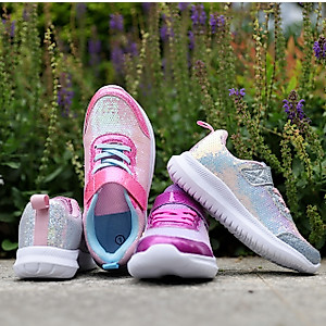 Toandon Little Girls Kids Sneakers Sequins Shoes Breathable Lightweight Elastic Band Athletic Sport Running Walking Fashion Child Strap Non Slip Hook and Loop Closure Sneakers Pink Blue Size 2