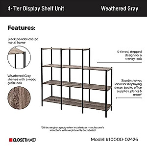 ClosetMaid Ladder Step Bookcase, 4 Tier, 5 Shelves, Display Shelf for Living Room or Office, Industrial Black Metal and Wood, Weathered Gray