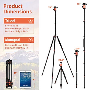 GEEKOTO 79 inches Carbon Fiber Camera Tripod Monopod with 360 Degree Ball Head 1/4 inch Quick Shoe Plate Professional Tripod Load up to 26.5 pounds