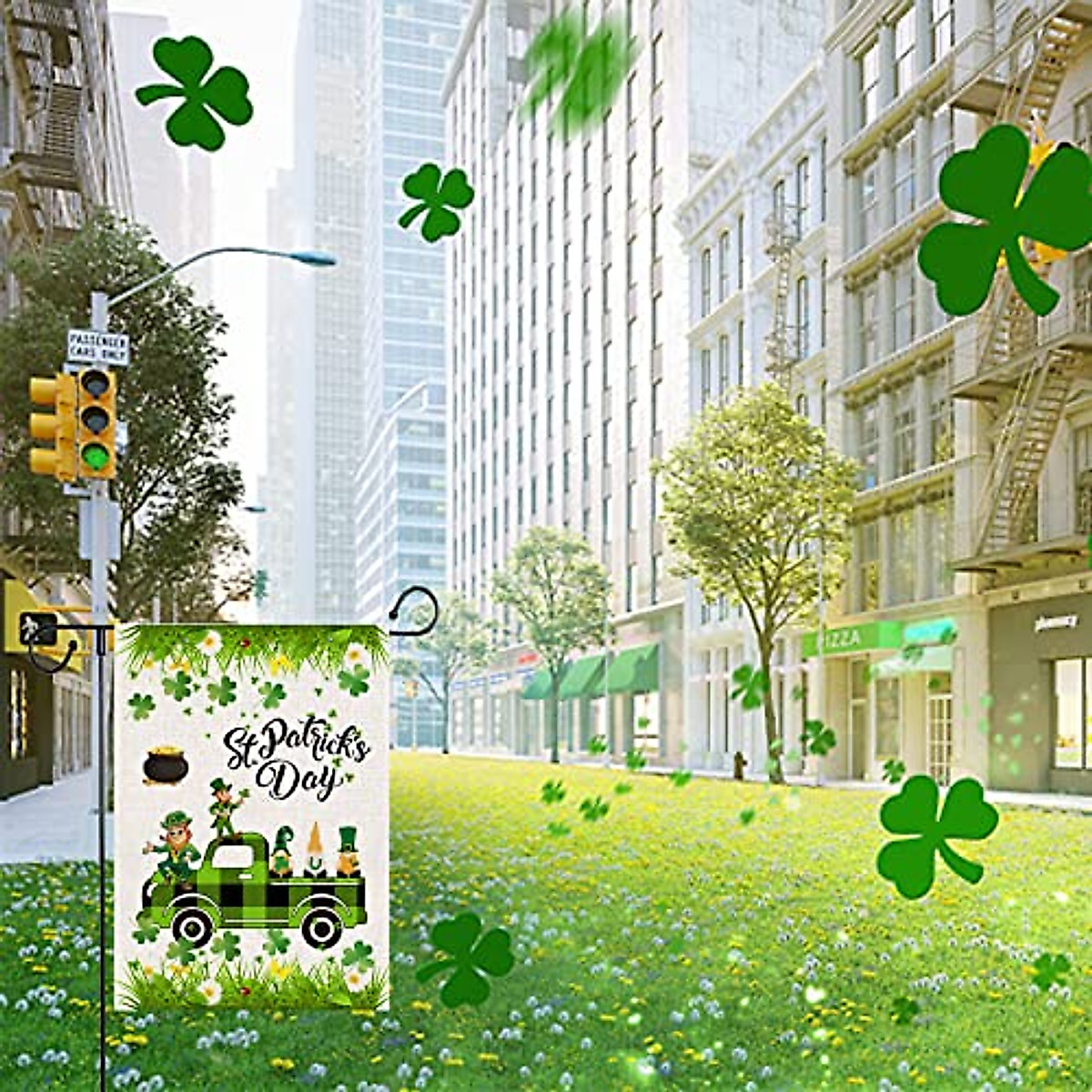 St Patrick's Day Garden Flags, 12.5 x 18 Inch Gnomes Green Buffalo Plaid Truck Garden Flag Vertical Double Sized Spring Holiday Burlap Flag for House Yard Outdoor Decor
