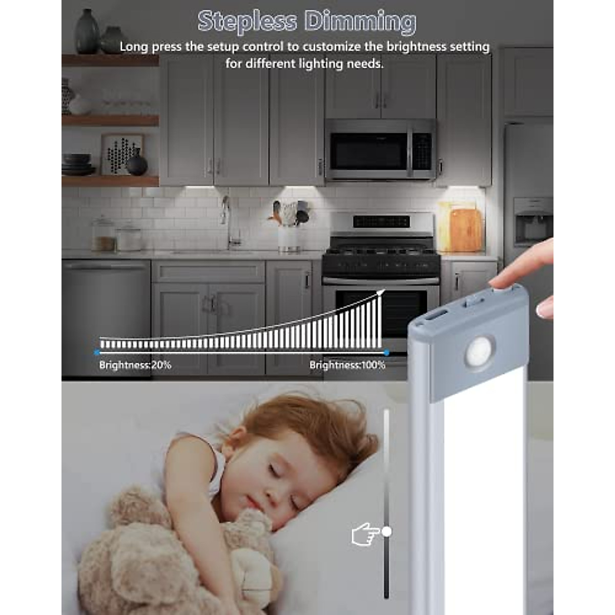 3 Color Temperatures Motion Sensor Closet Light, 60-LED Under Cabinet Lighting, Wireless USB Rechargeable Battery Powered Operated Lights, Magnetic Motion Activated Kitchen Cupboard Night Light-2 Pack