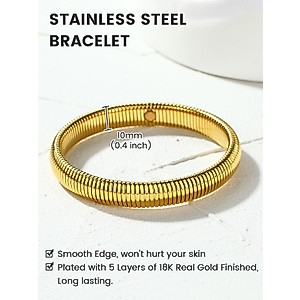 KeyStyle Gold Bangles for Women Thin Stretch Bracelets, High Polished Snake Link Flexible Bangle Bracelet (10mm wide)