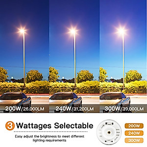 Run Bison LED Parking Lot Light 300W/240W/200W Adjustable, 39000LM 5000K Adjustable Arm Mount LED Street Light with Dusk to Dawn Photocell, 100-277V IP65 Waterproof Shoebox Light for gym-2PK