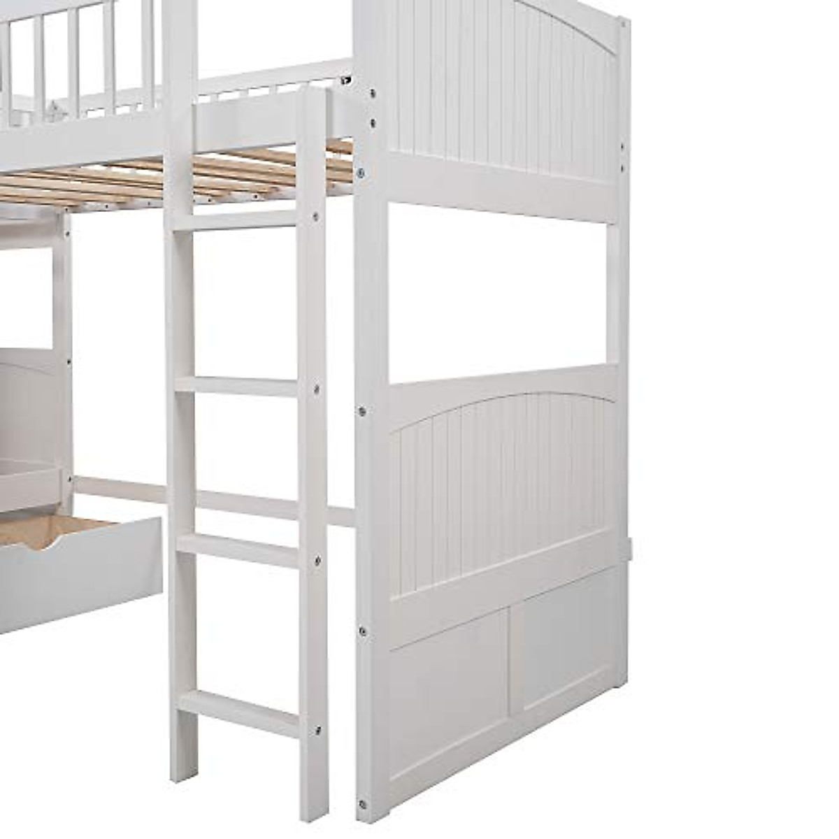 BOVZA Twin Over Twin L-Shaped Triple Bunk Beds with 2 Storage Drawers and 2 Ladders, Wood Bunk Beds with a Loft Attached for 3 Kids Teens, White