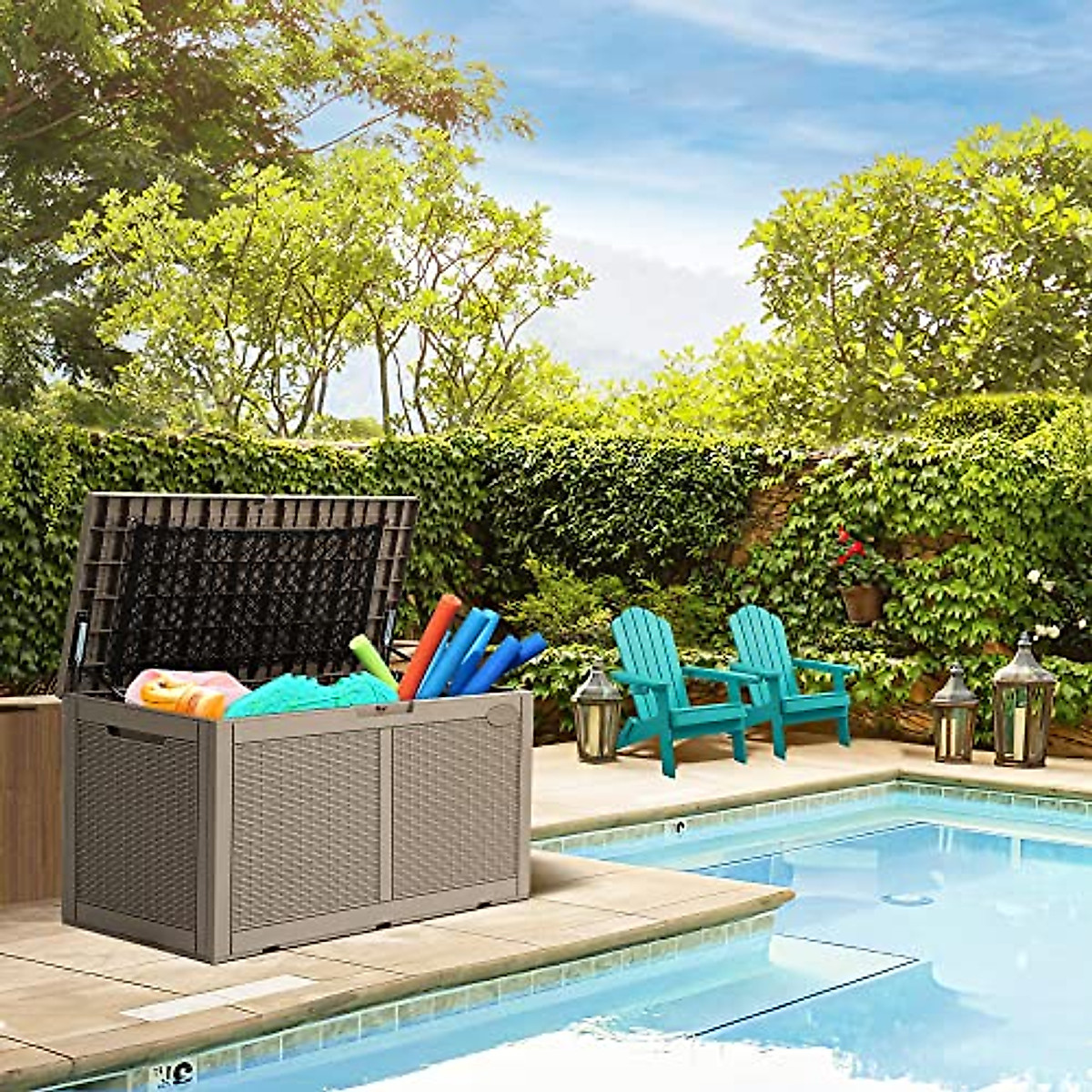 YITAHOME 100 Gallon Large Deck Box w/Storage Net, Resin Outdoor Storage Boxes, Waterproof Patio Cushion Storage Bench for Patio Furniture, Pool Supplies, Garden Tools- Rattan,Lockable (Light Brown)