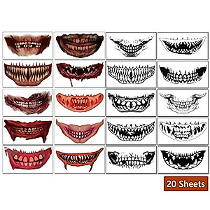20Pcs Halloween Prank Makeup Temporary Tattoo Clown Horror Mouth Tattoo Stickers Scary Big Mouth Masquerade Prank Props Fake Tattoos for Halloween Cosplay Party
