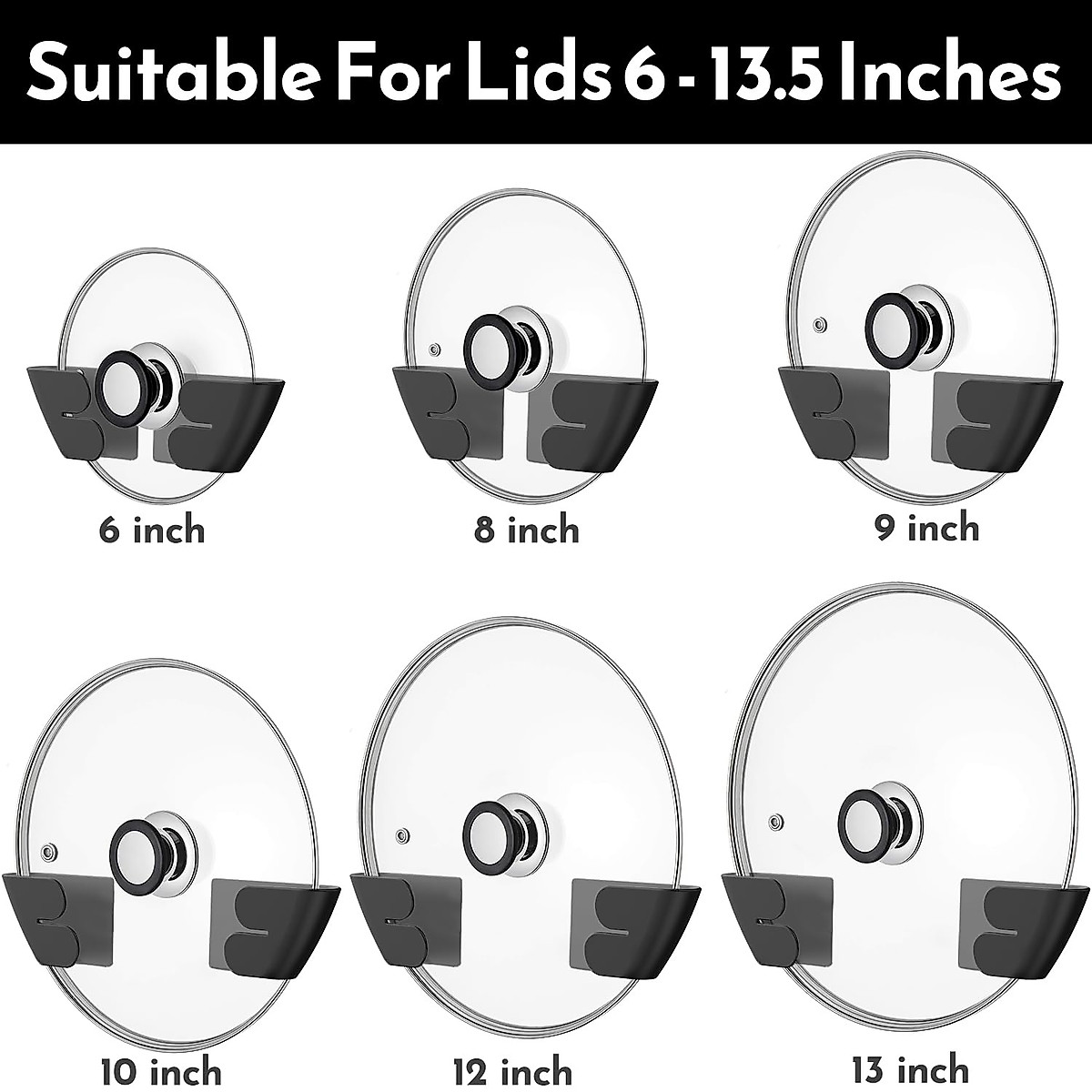 Niceyos Universal Adjustable Pot Lid Organizer for Cabinet - Upgraded Patented Set of 8 Pan Lids Organizers Inside Cabinet Door Wall Mount Pots Top Holder for Kitchen Cupboard, Fits 6" to 14" (Black)