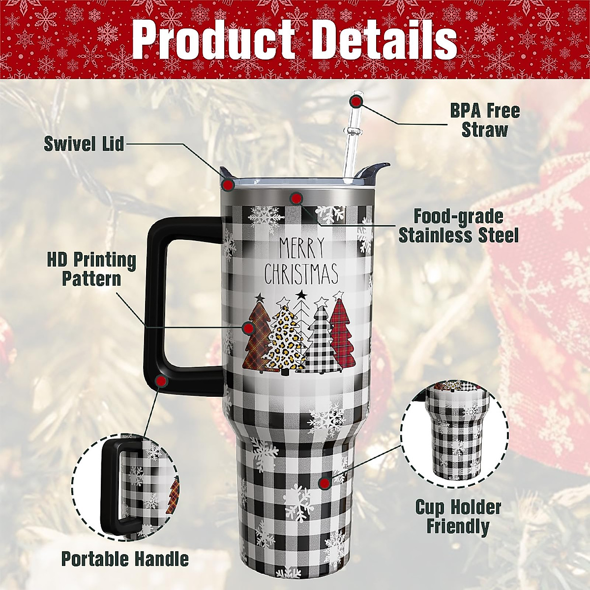 40 oz Christmas Tumblers with Handle and Straw, Christmas Tree Buffalo 40oz Stainless Steel Vacuum Insulated Travel Coffee Mug Cup Water Bottle, Christmas Decor Stuff Accessories Gifts for Women