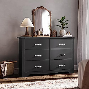 LINSY HOME 6 Drawer Dresser for Bedroom, Modern Double Dresser Organizer, Black Wood Dresser Chest of Drawers for Baby,Kids Bedroom