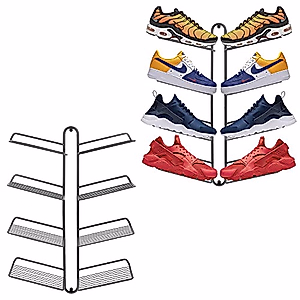 mDesign Modern Metal Shoe Organizer Display & Storage Shelf Rack - Hang & Store Your Collection of Kicks, Running, Basketball, Trainers, Tennis Shoes, Holds 16 Shoes, Wall Mount; 2 Pack- Graphite Gray