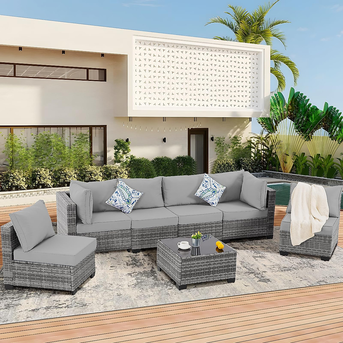 FHFO 7 Pieces Outdoor Patio Furniture Set, Wicker Sectional Sofa Set Rattan Modular Patio Conversation Sets with Cushions Couch Set & Coffee Table for Outside, Garden, Balcony, Porch, Grey