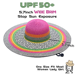 Harikery Womens Sun Straw hat UPF 50+ Wide Brim Summer Beach hat Colorful roll up Floppy Sun hat for Women