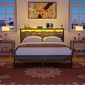 Homieasy Queen Size Bed Frame with Charging Station and Led Lights, Industrial Metal Platform Bed with Storage Headboard, Steel Slat Support, No Box Spring Needed, Noise-Free, Easy Assembly, Black Oak