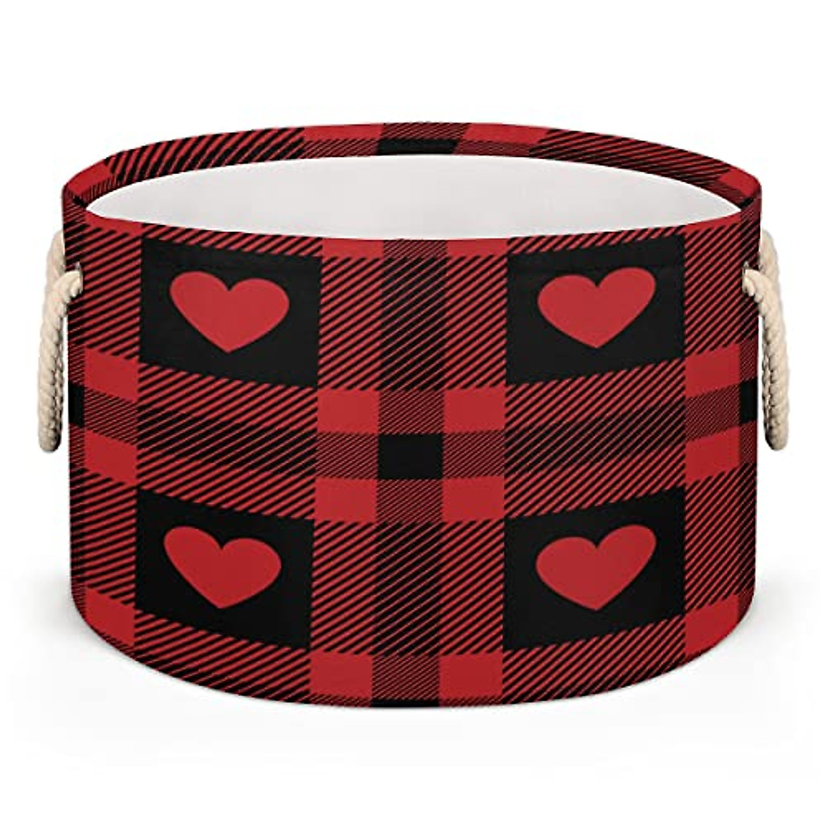 Red Check Plaid Valentine's Day Large Round Baskets for Storage Laundry Baskets with Handles Blanket Storage Basket for Bathroom Shelves Bins for Organizing Nursery Hamper Girl Boy