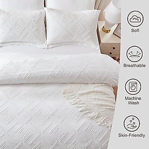 EMME White Duvet Cover Queen, Tufted Microfiber Comforter Cover Set, Textured Boho Bedding Sets Queen for All Seasons, 3 Pieces Duvet Cover Full, 1 Duvet Cover + 2 Pillowcases (White, Queen)