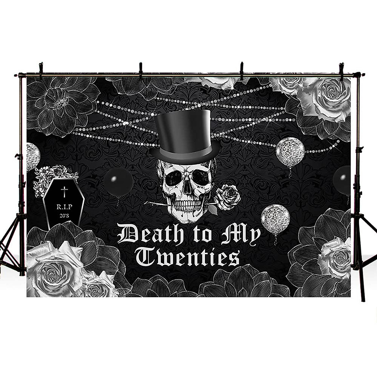 SENDY 7x5ft Death to My Twenties Backdrop for Thirties Birthday Party Decorations RIP to My 20s Funeral For My Youth Banner Gothic Skull Tombstone Black Photography Background Photo Booth Studio Props