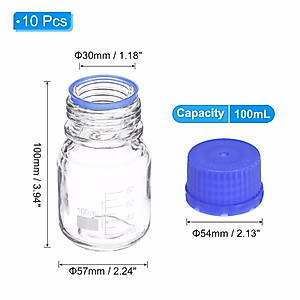 PATIKIL 10 Pack Reagent Media Storage Bottles, 100ml Borosilicate Glass Graduated Round Bottles with GL32 Blue Screw Cap for Lab Water Reagent Liquids, Clear