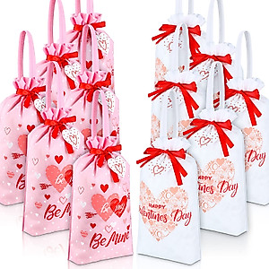 12 Pack Valentine's Day Gift Bags with Drawstring Satin Ribbon Drawstrings Valentine Bag Holly Cloth Gift Handle Bags Valentine Design Goodie Bags for Valentine Presents Party Favor