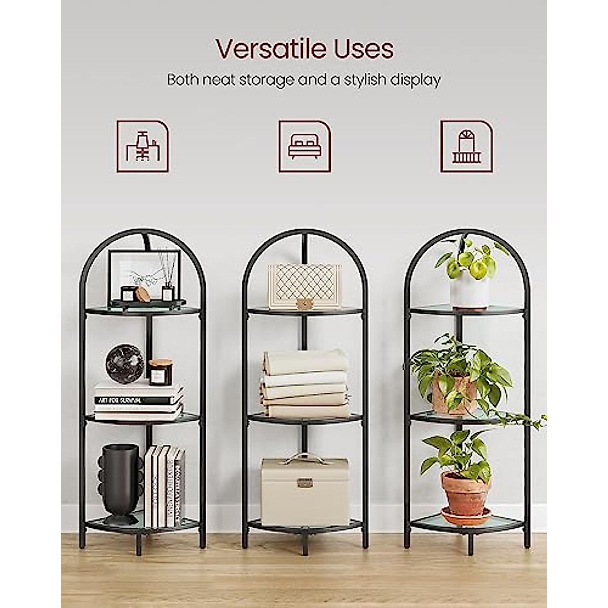 VASAGLE 3-Tier Corner Shelf Stand, Corner Bookshelf, Bathroom Organizer, Plant Stand, Tempered Glass, Steel Frame, Modern Style, for Living Room, Bathroom, Kitchen, Classic Black ULGT811B61