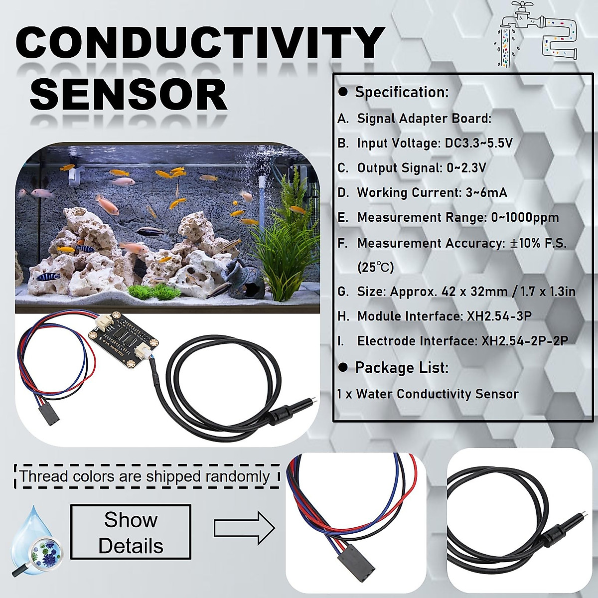 TDS Water Conductivity Sensor, Water Quality Monitoring Sensor Module,Plug and Play TDS Meter Probe Water Quality Monitoring for Liquid Quality Monitoring Detection Tester Module Parts