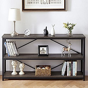 LVB Industrial Console Table, Metal and Wood Sofa Table, Rustic Entryway Table with Storage, Modern 3 Tier Shelf Long Foyer Tables Behind Couch for Home Living Room Hallway, Dark Gray Oak, 55 Inch