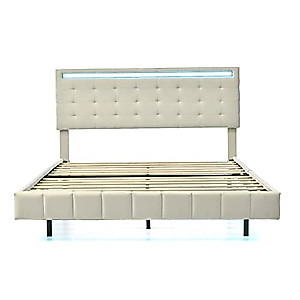 SIYSNKSI Modern Queen Upholstered Platform Bed with LED Lights, Floating Bed Frame with USB Charging and Headboard, Upholstered Platform Bed Frame for Kids Teens Adult Bedroom (Beige-055)