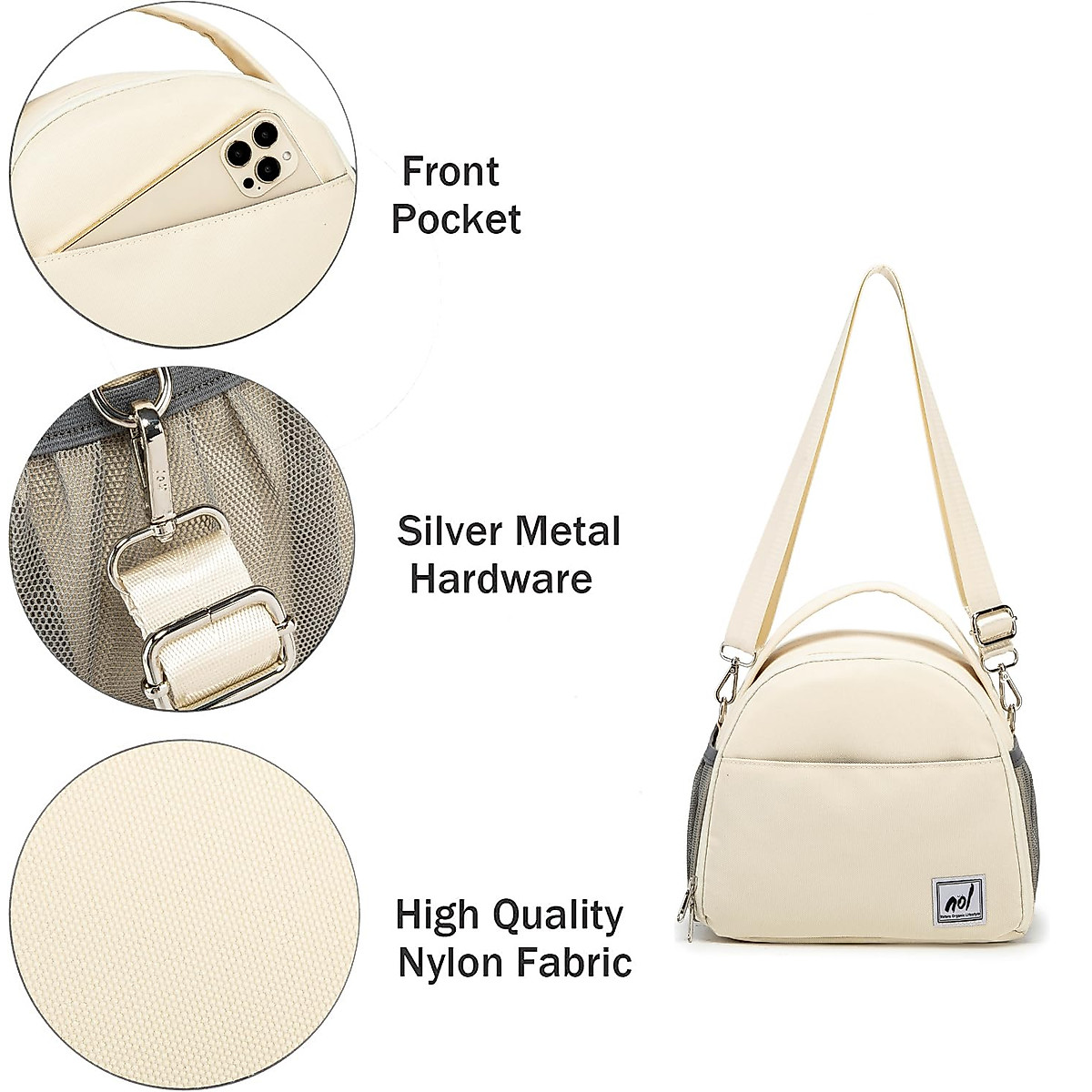 NOL Natural Organic Lifestyle Lunch Bag Insulated Cooler Bag for Women Nylon Waterproof Lightweight Lunch Box Organiser (Cream)