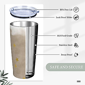 EVANEM 20 Oz Stainless Steel Tumbler With Straw Cleaner White Cloud Gold Stars Printed Insulated Cup Travel Coffee Mug Vacuum Insulated Tumblers For Home Office