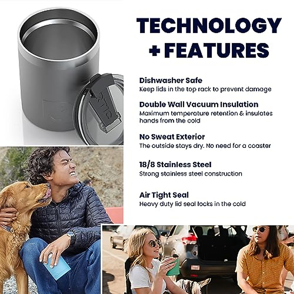 RTIC Lowball Tumbler with Splash Proof Lid, 12 oz, White, Insulated Travel Stainless Steel Coffee Mug, Sweat Proof, Keeps Hot & Cold Longer