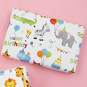 Birthday Wrapping Paper For Kids Girls Boys, Animals Party Design Gift Wrap Paper for Birthday Baby Shower, 4 Sheets Folded Flat 20x28 Inches Per Sheet, Monkey Lion Elephant Giraffe Alligator Zebra
