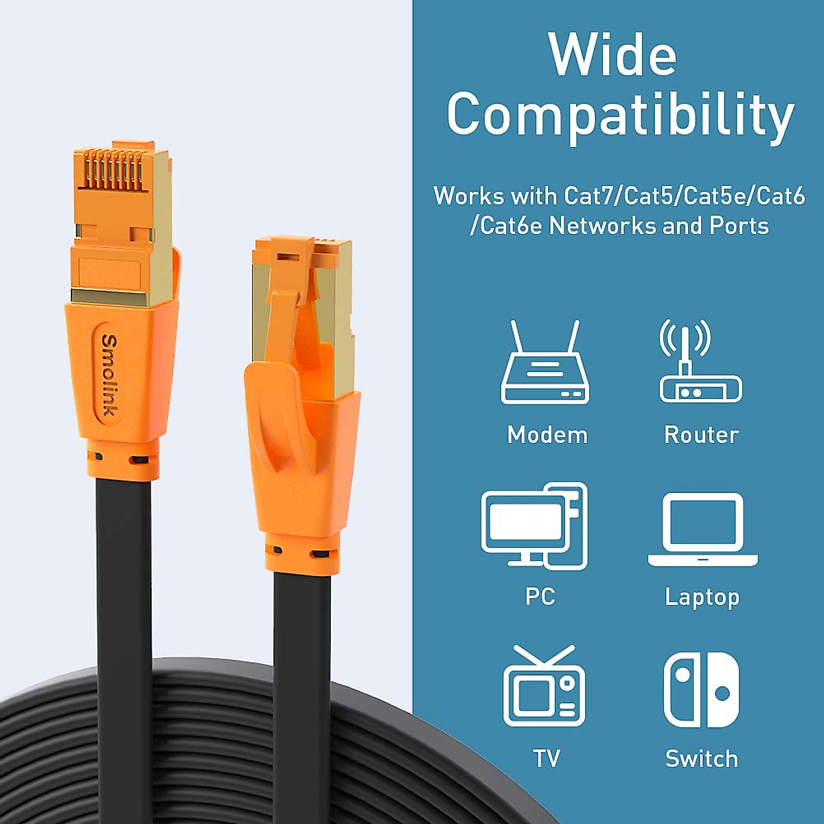 Cat 8 Ethernet Cable 50 ft, Flat Ethernet Cable Faster Than Cat7/Cat6/Cat 6e/Cat5 High Speed Ethernet Cable up to 40Gbps 2000Mhz Internet Cable Compatitable for Router Modem Gaming Laptop Xbox