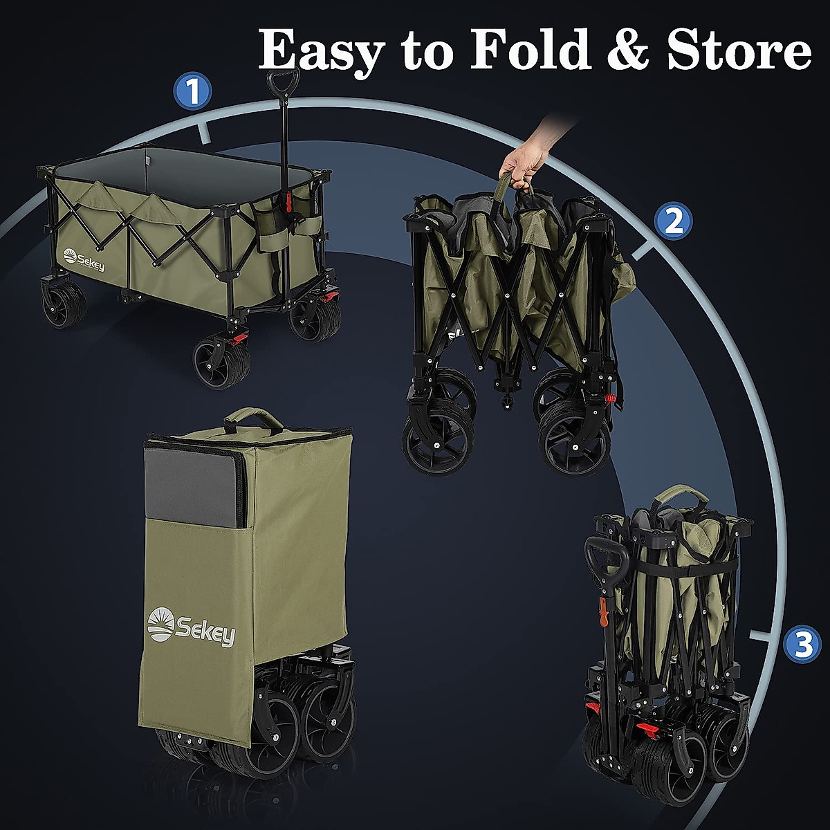 Sekey 220L Collapsible Foldable Wagon with 330lbs Weight Capacity, Heavy Duty Folding Utility Garden Cart with Big All-Terrain Beach Wheels & Drink Holders. Khaki