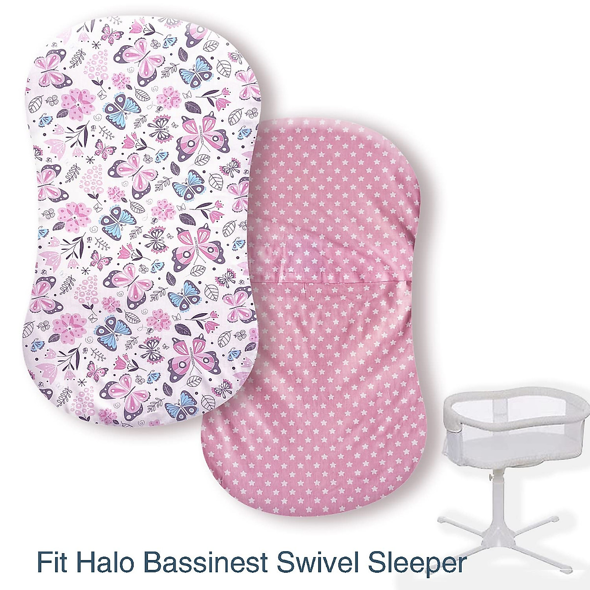 AMROSE Premium Cotton Butterfly Bassinet Sheets, Fit for Halo Bassinest Swivel Sleeper, 2 Pack Hourglass Bassinet Mattress Sheet Set for Girl, Soft Breathable Safe, Pink & Floral Butterfly Prints