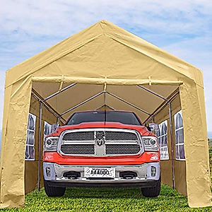 PEAKTOP OUTDOOR 10x20 ft Heavy Duty Carport Car Canopy with Removable Window Sidewalls, Portable Garage Tent Boat Shelter with Reinforced Triangular Beams, Beige