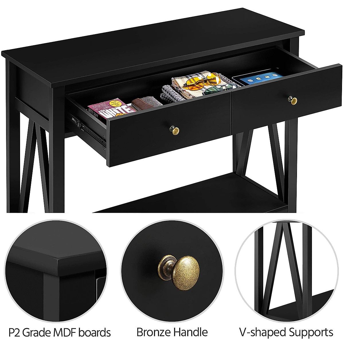 Yaheetech Console Table with Drawer, Wood Entryway Table with Storage Shelves, Sofa Table Narrow Long for Living Room Entryway Hallway, Easy Assembly, Black