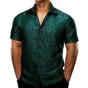 Men's Silk Shirt Paisley Floral Jacquard Short Sleeve Button Down Dress Shirts Formal Casual Wedding Party Deep Green