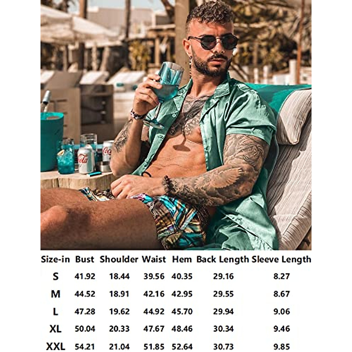 URRU Men's Luxury Shiny Silk Like Satin Dress Shirt Cuban Collar Short Sleeve Casual Slim Fit Muscle Button Up Shirts Light Green L