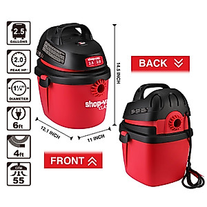 Shop-Vac 2.5 Gallon 2.0 Peak HP Wet/Dry Vacuum, Portable Compact Shop Vacuum with Top Handle, Wall Bracket & Attachments