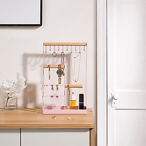 ProCase Jewelry Organizer Stand Holder, 4-Tier Necklace Organizer with Ring Tray, Small Cute Aesthetic Jewelry Tower Storage Rack Tree for Bracelets Earrings Rings - Pink