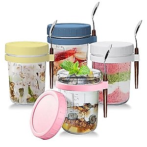 JQSSHXB 4 Pack Overnight Oats Containers with Lids and Spoons 16 Oz Glass Mason Jars for Overnight Oats Leak Proof Oatmeal Jars Great for Cereal Milk Vegetable Pudding Salad Yogurt Meal Prep