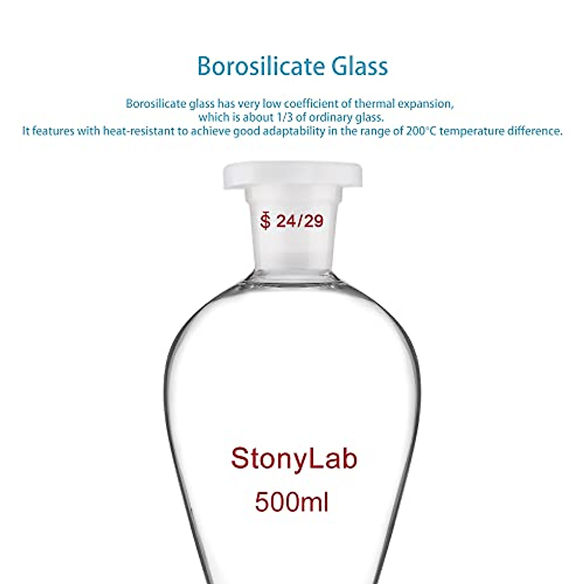 stonylab Borosilicate Glass 500 ml Heavy Wall Conical Separatory Funnel with 24/29 Joints and PTFE Stopcock, 500 ml