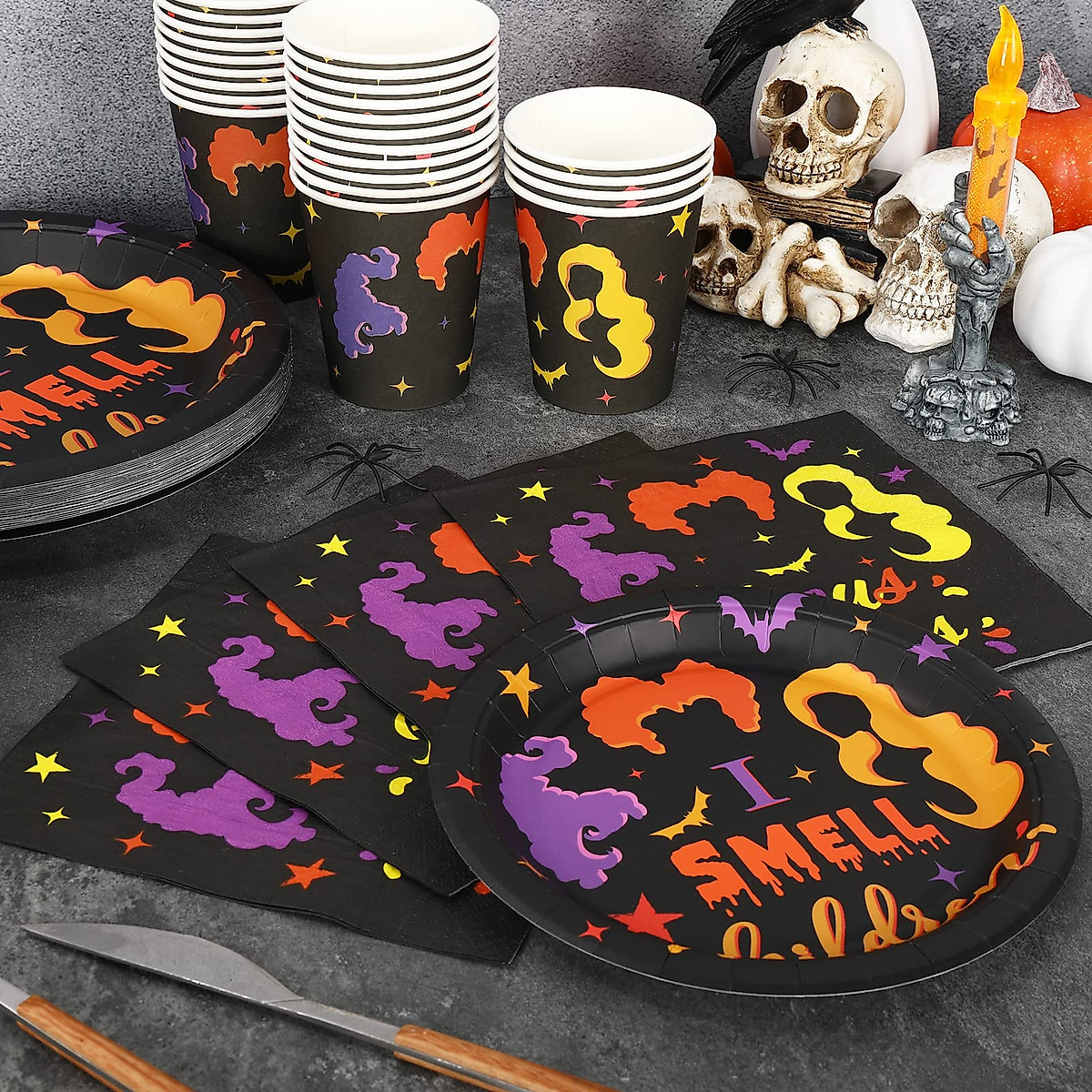 Whaline 100Pcs Halloween Tableware Set Hocus Pocus Disposable Dinnerware Set 50Pcs Paper Plates 25Pcs Napkin 25Pcs Cups for Halloween Party Witch Theme Party Supplies Table Decorations