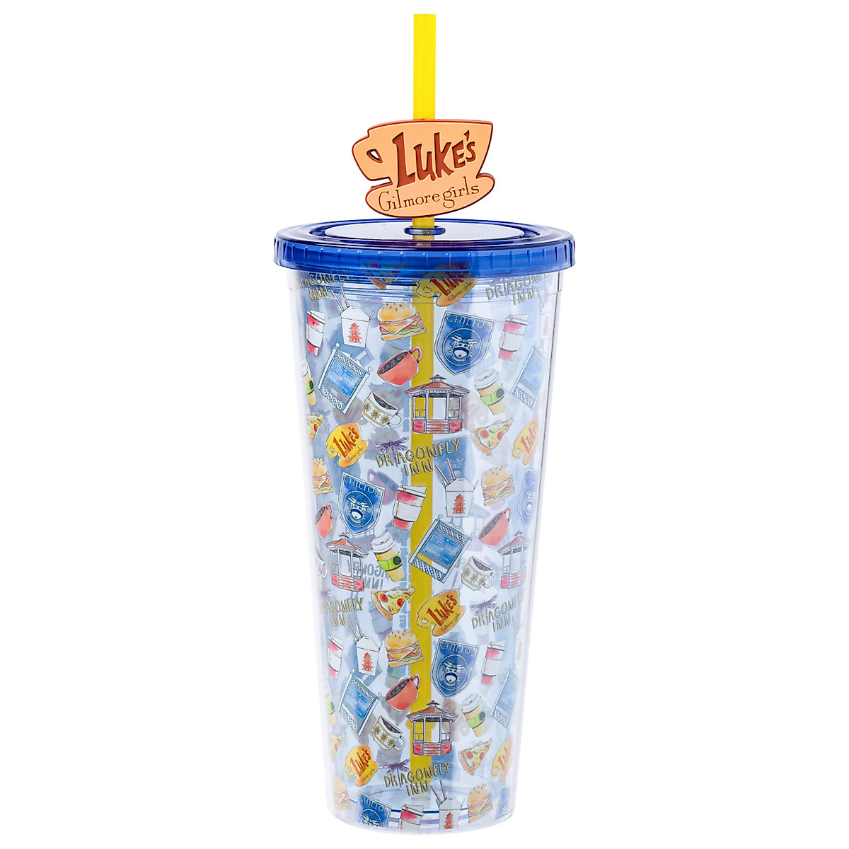 Silver Buffalo Gilmore Girls Iconic Destinations Featuring Luke's Diner, Stars Hollow, and Dragonfly Inn Plastic Cold Cup with Lid and Topper Straw, 24 Ounces