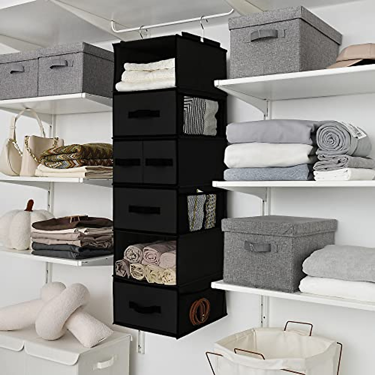 GRANNY SAYS Hanging Closet Organizer 6 Shelves, Closet Organization and Storage with 5 Different Drawers, 6 Side Pockets Wardrobe Clothes Organizer for Closet, Black, 1-Pack