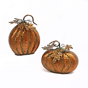 Gerson S/2 9.25"H Metal Harvest Pumpkin Home Decor, 9InL x 5InW x 11.75InH, Orange