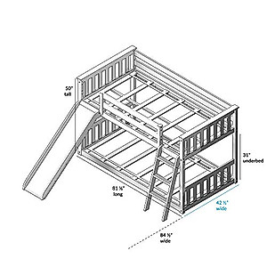 Max & Lily Low Bunk Bed with Slide, Twin-Over-Twin Bed Frame For Kids With Curtains For Bottom, White/Pink