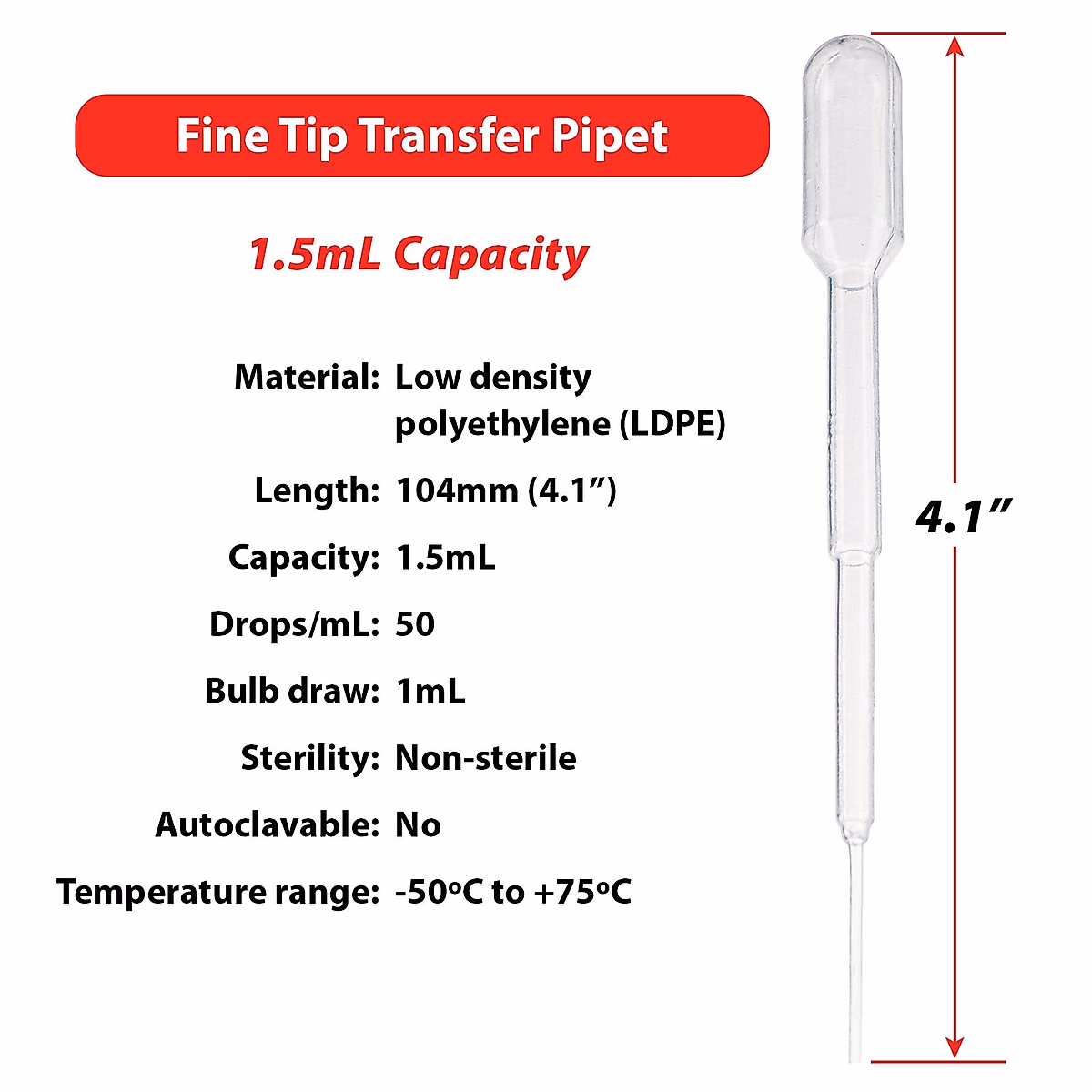 Globe Scientific 134020-400 LDPE Fine Tip Transfer Pipet, Non-Sterile, 104mm Length, 1.5mL Capacity (Box of 400)